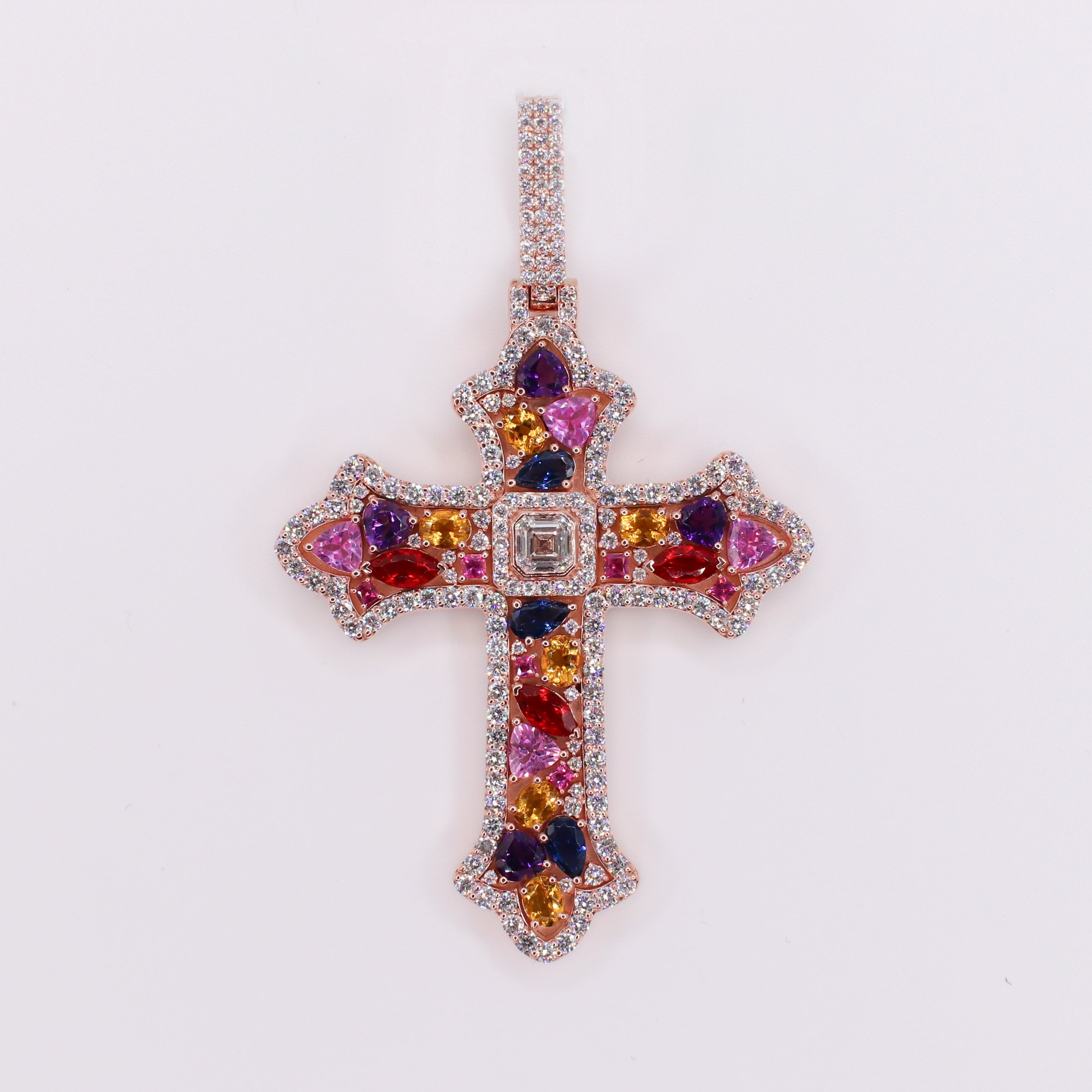 10k Rose Gold Lab Diamond Fancy Colored Mosaic Cross Pendant - 60546